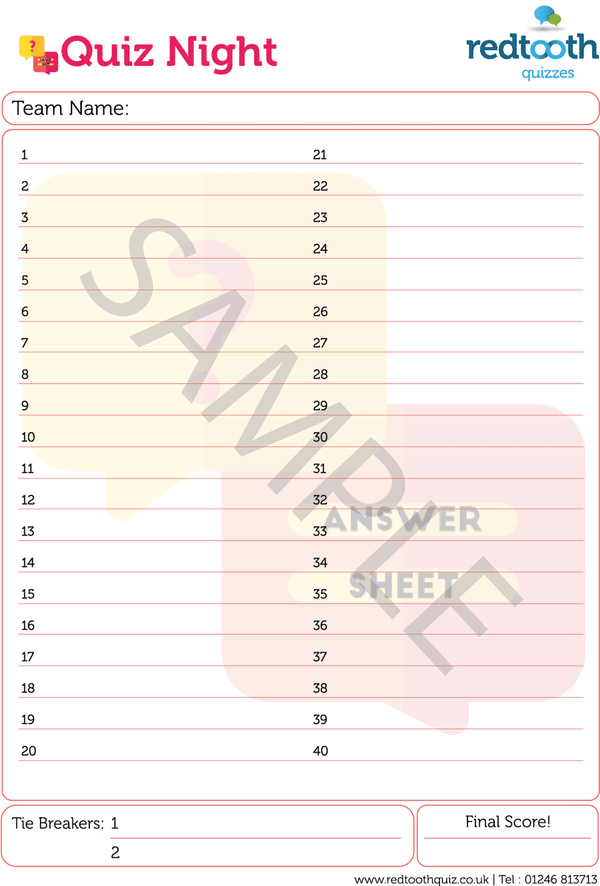 Answer Sheet - 40 Questions – Redtooth Quiz