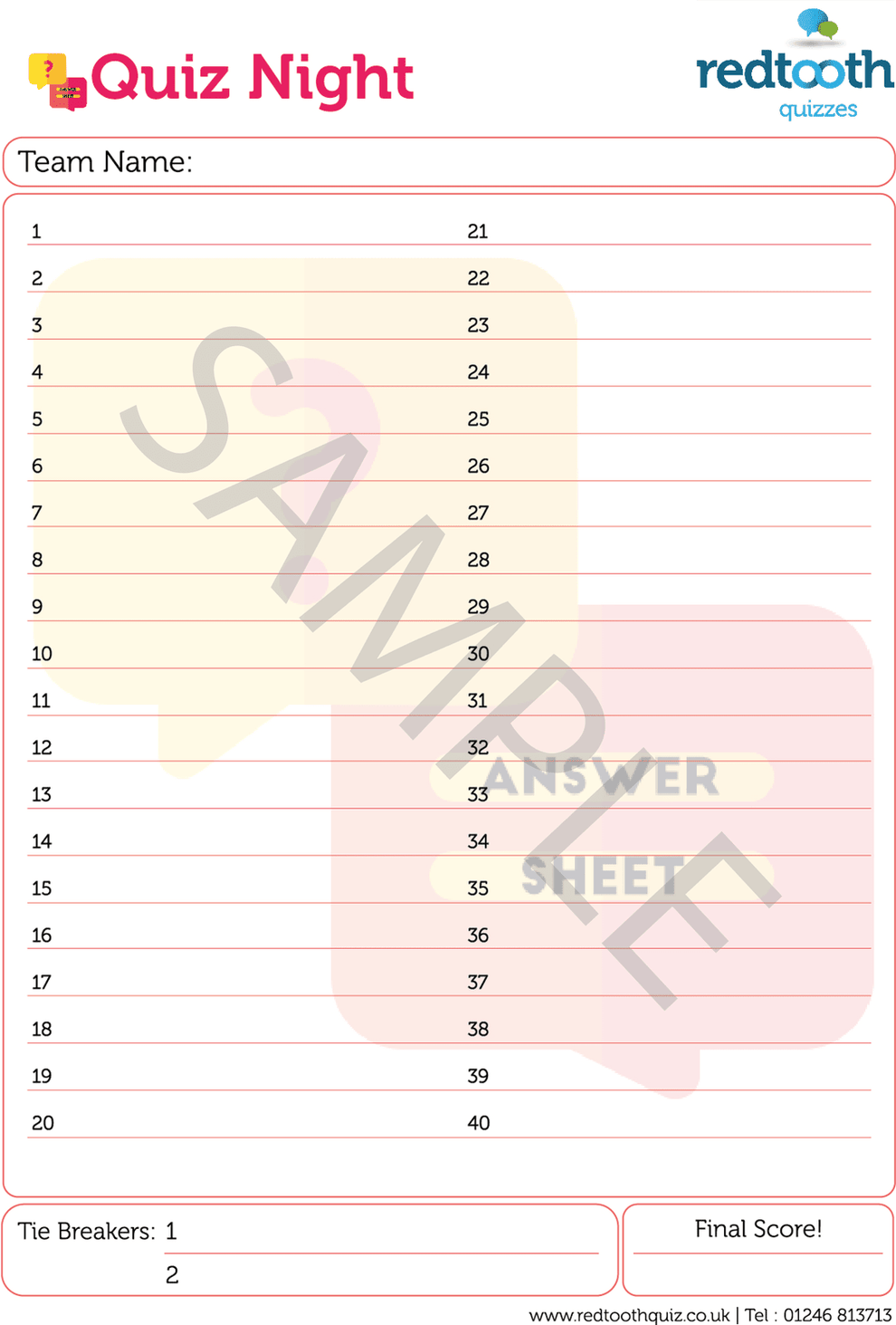 Answer Sheet - 40 Questions – Redtooth Quiz