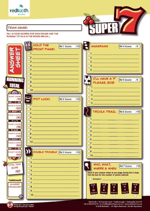 Super 7 - Answer Sheets – Redtooth Quiz